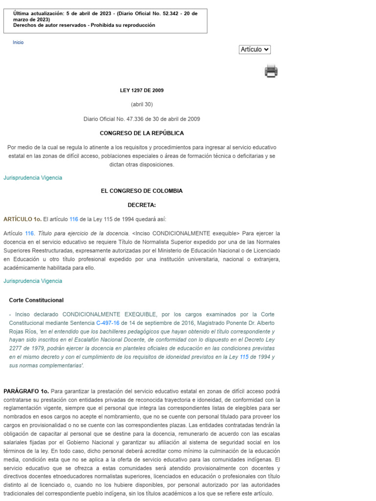 Leyes Desde 1992 - Vigencia Expresa y Control de Constitucionalidad [LEY_1297_2009] | PDF | Caso ...