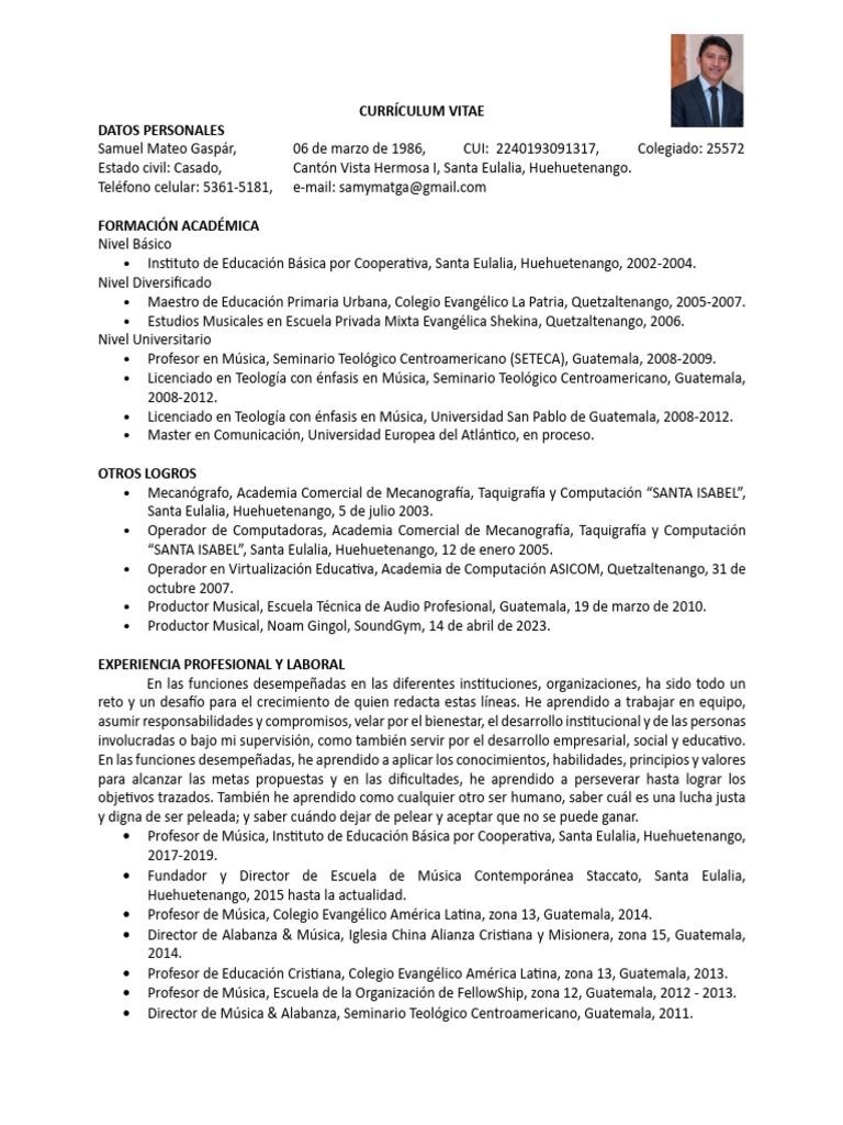 Ejemplo de Currículum Vitae -Samuel M. Gaspar- | PDF | Guatemala ...