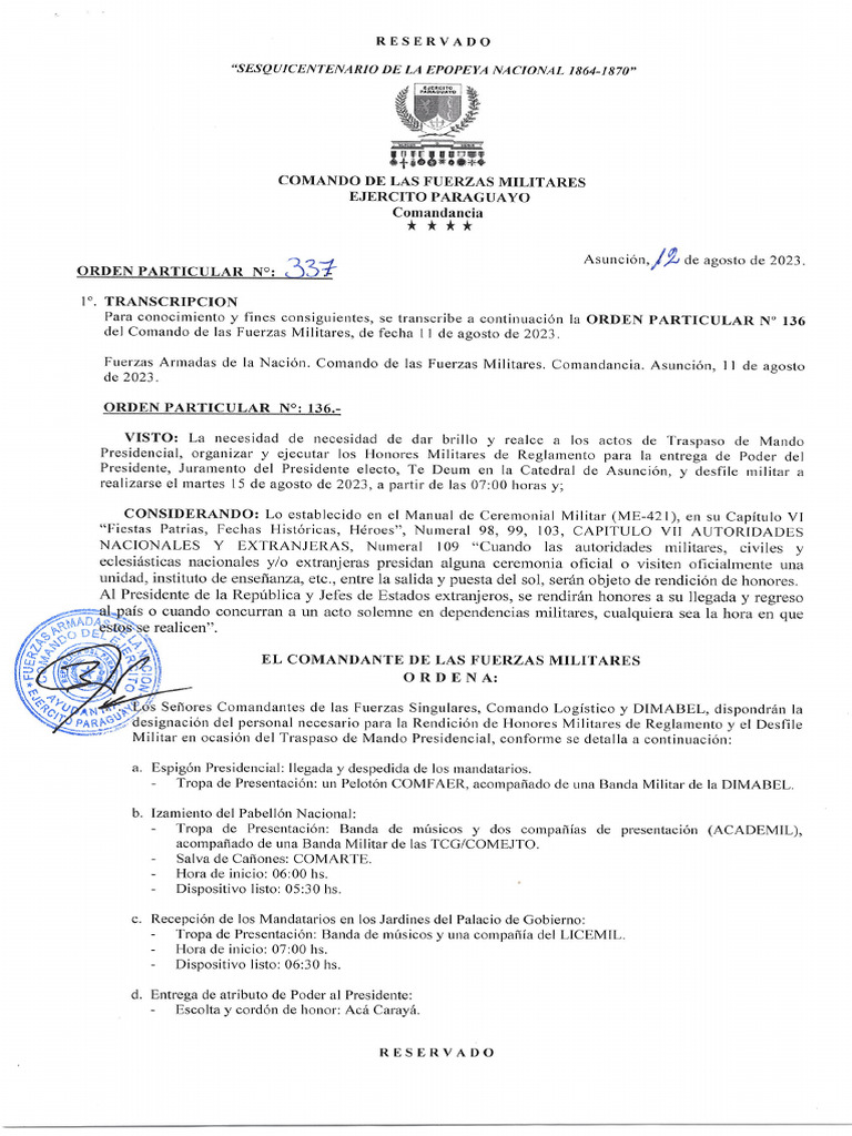 Orden Part 337 - Traspaso de Mando Presidencial | PDF