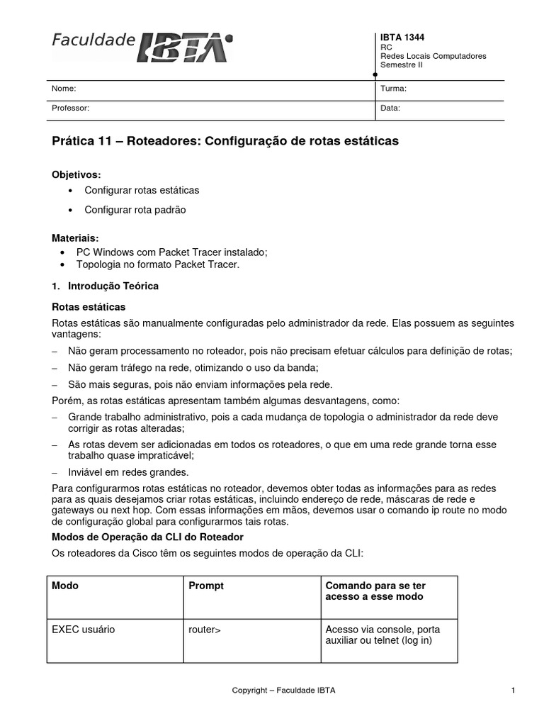 IBTA 07 - Configuracao Rotas Estaticas | PDF | Roteador (informática) | Rede de computadores