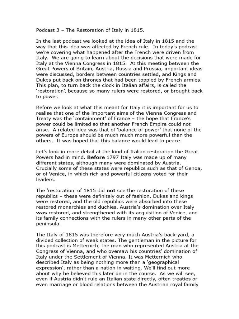 3 - The Restoration of Italy in 1815 | PDF | First French Empire | Italy