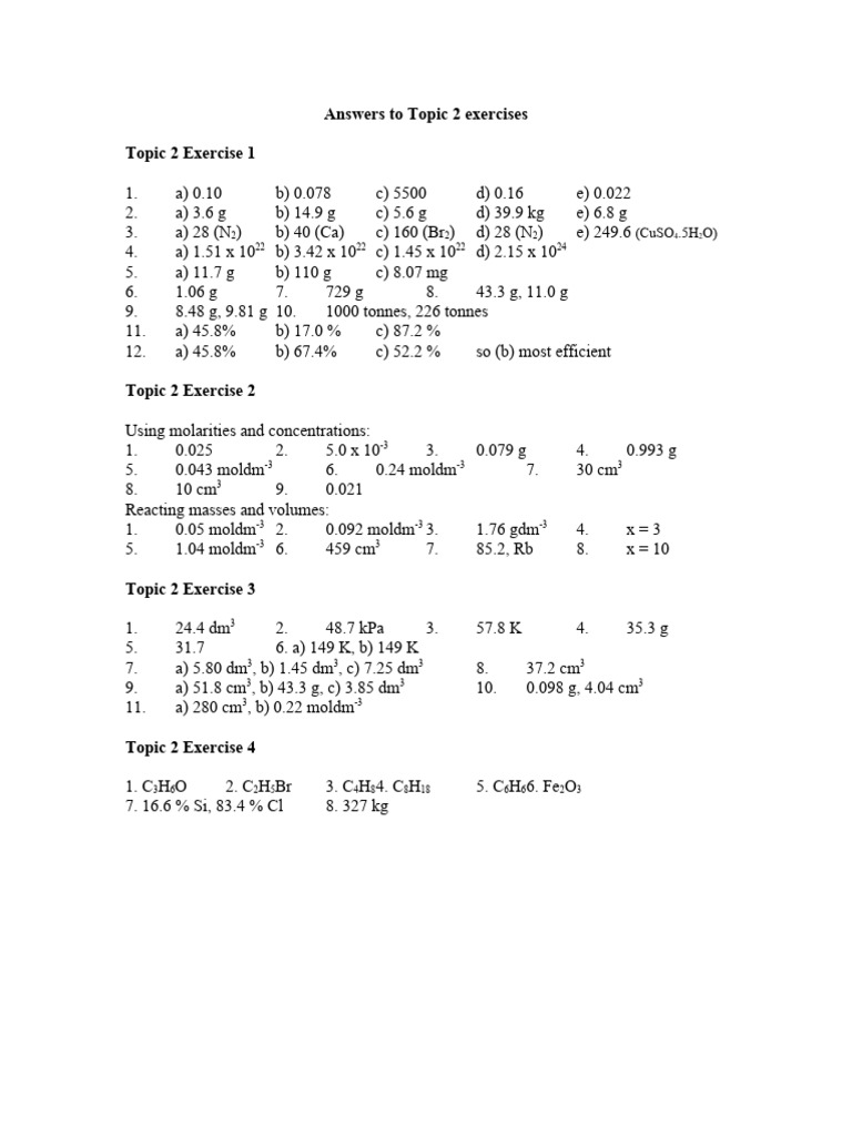 answers_to_topic_2_exercises | PDF | Mole (Unit) | Metrology