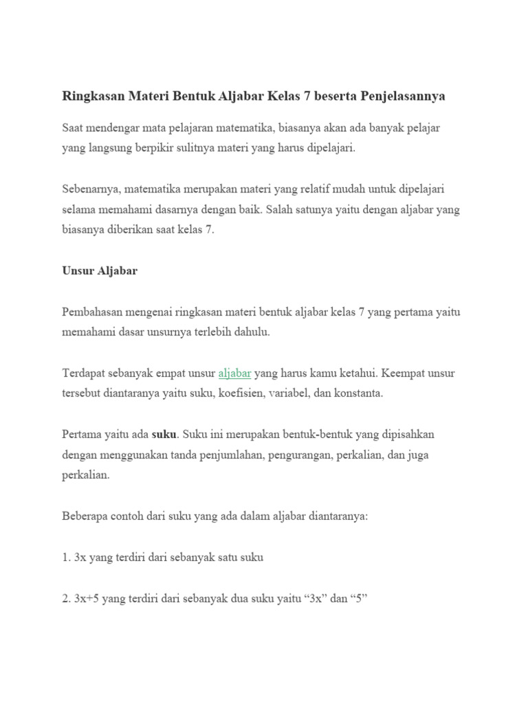 Ringkasan Materi Bentuk Aljabar Kelas 7 Beserta Penjelasannya | PDF | Seni & Disiplin Bahasa ...