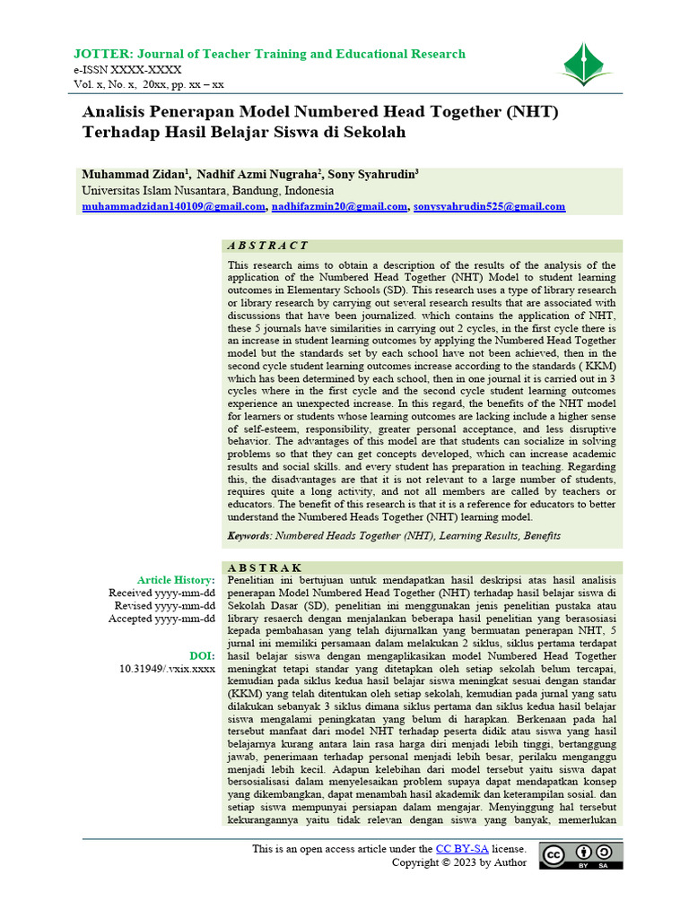 Jurnal Model Pembelajaran Kel 7, Analisis Penerapan Model Numbered Heads Together (NHT) | PDF ...