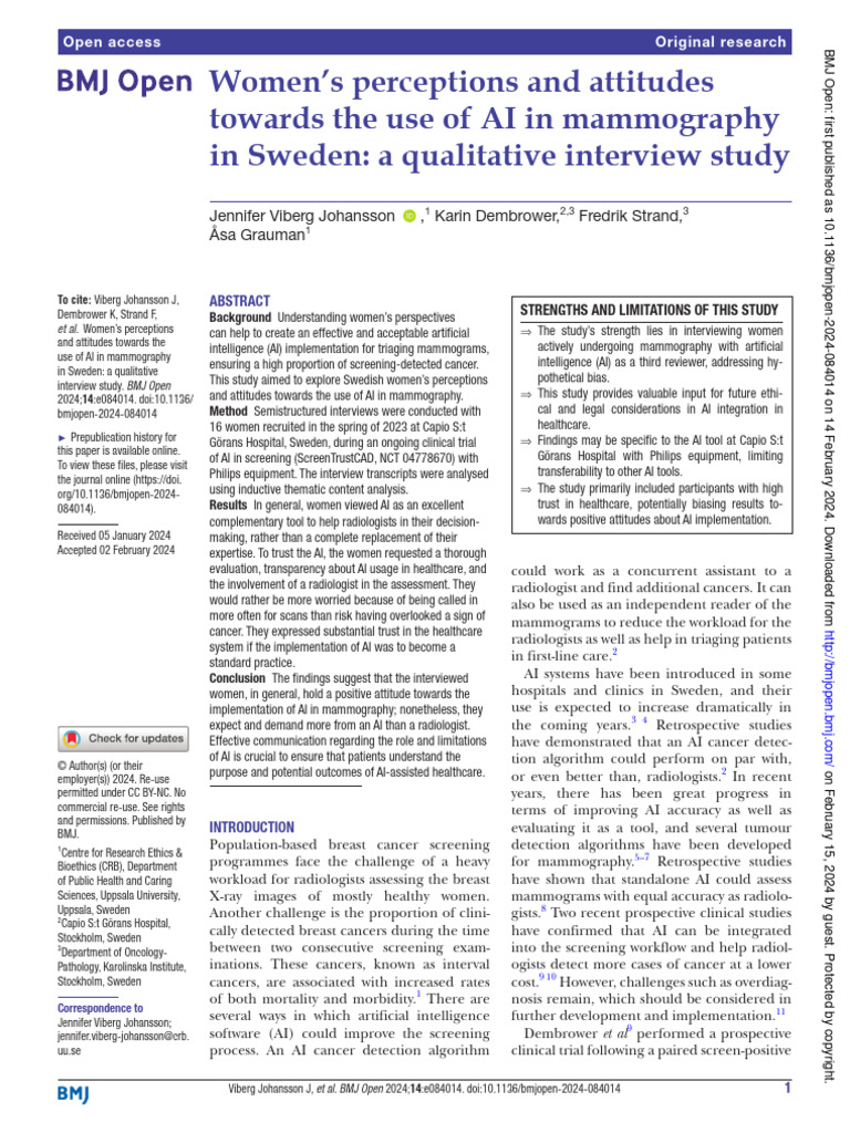 Women's Perceptions and Attitudes Towards The Use of AI in Mammography ...