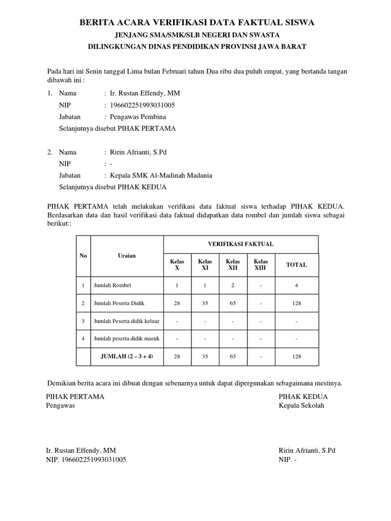 Berita Acara Verifikasi Data Faktual - SMK Alma Januari 2024 | PDF
