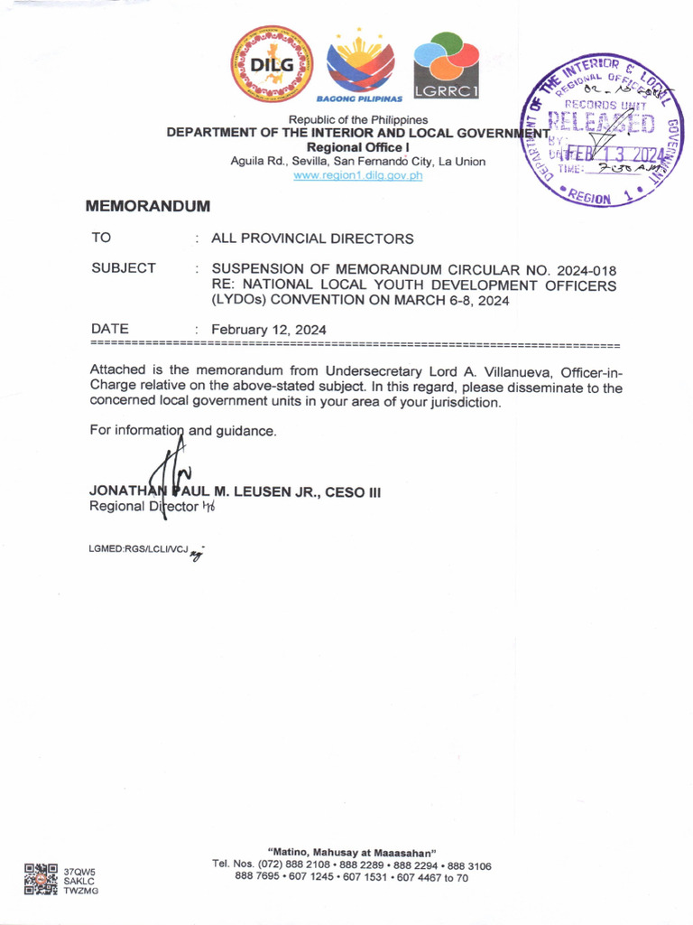 SUSPENSION OF MEMORANDUM CIRCULAR 2024-018 RE NATIONAL LOCAL YOUTH DEVELOPMENT OFFICERS (LYDOs ...