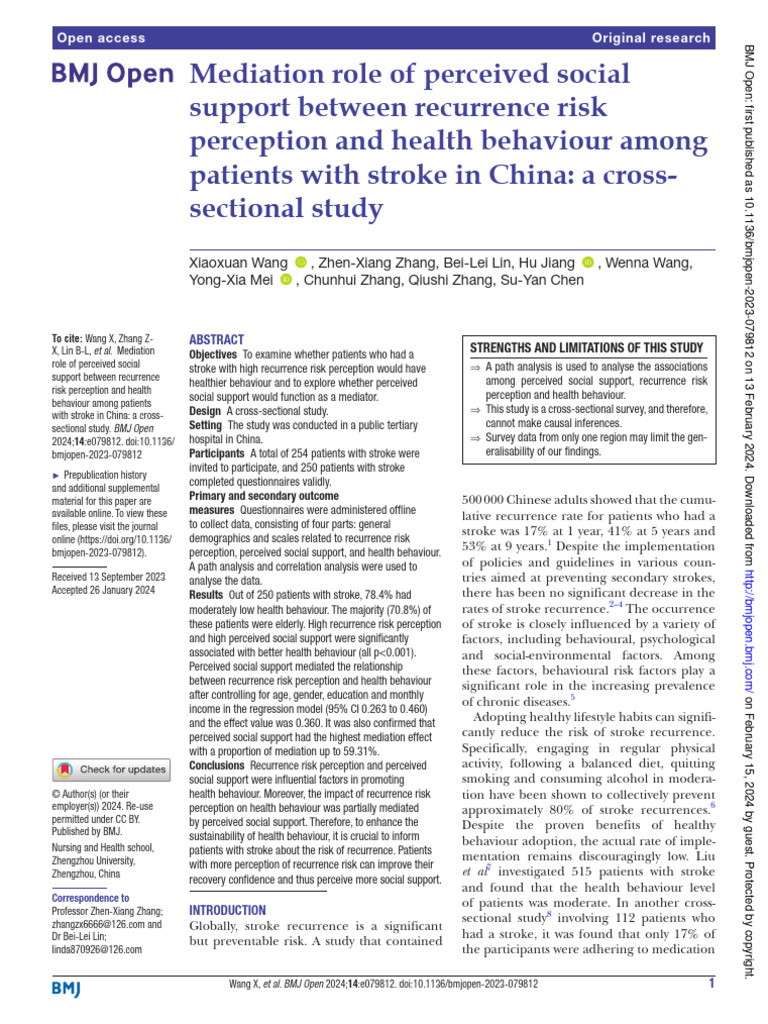 Mediation Role of Perceived Social Support Between Recurrence Risk ...