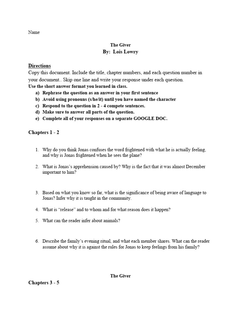 The Giver Comprehension Questions 2024 | Download Free PDF | The Giver