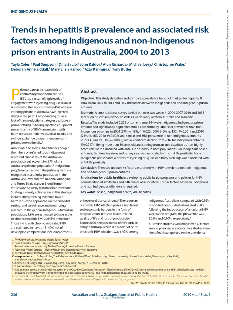 Aus NZ J of Public Health - 2019 - Coles - Trends in Hepatitis B Prevalence and Associated Risk ...