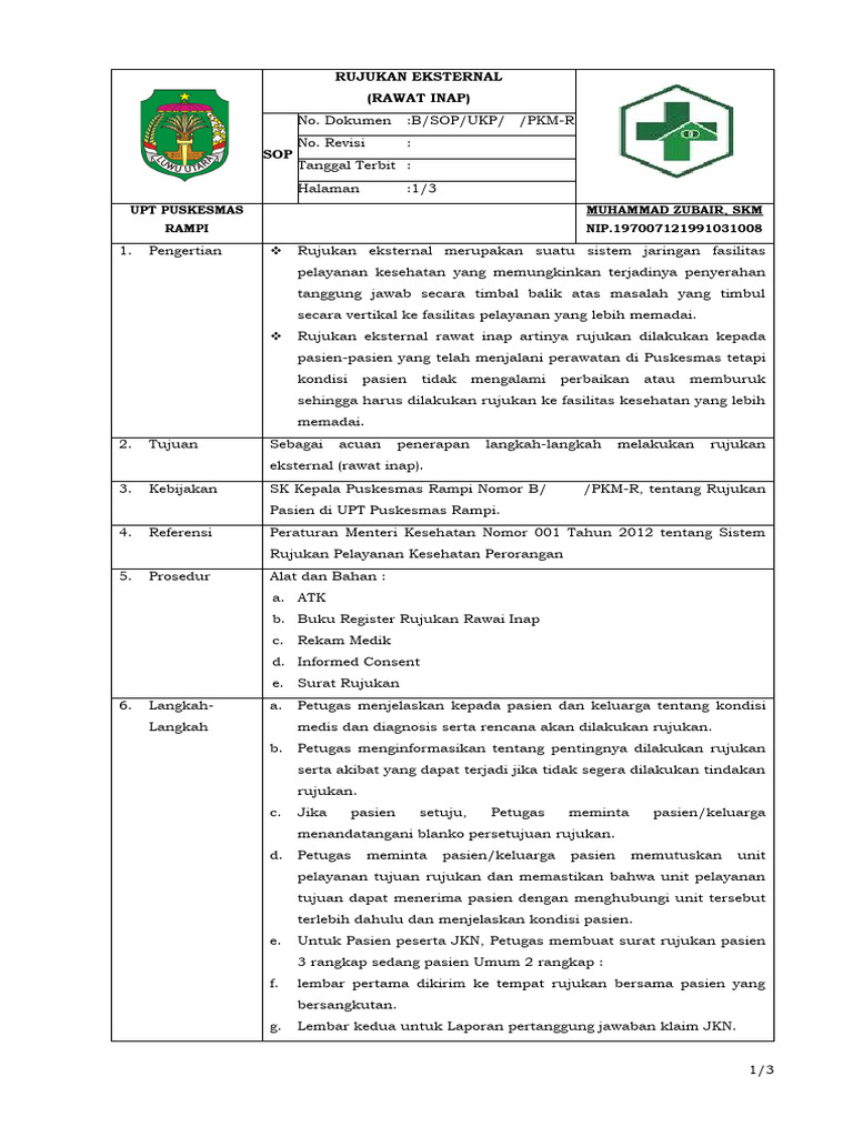 7.5.1.1 Sop Rujukan Eksternal Rawat Inap | PDF