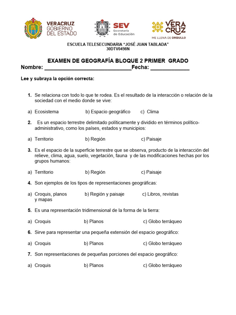 Examen de Geografía para Primer Grado | PDF | Tierra | Ciencias de la ...