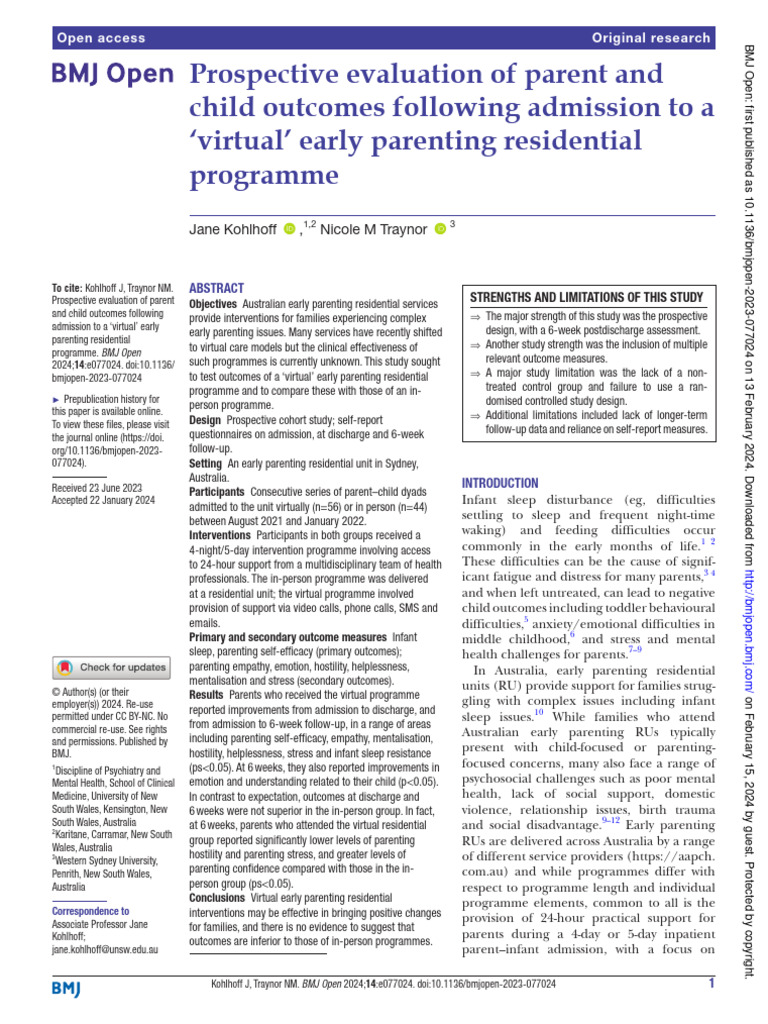 Prospective Evaluation of Parent and Child Outcomes Following Admission To A Virtual' Early ...