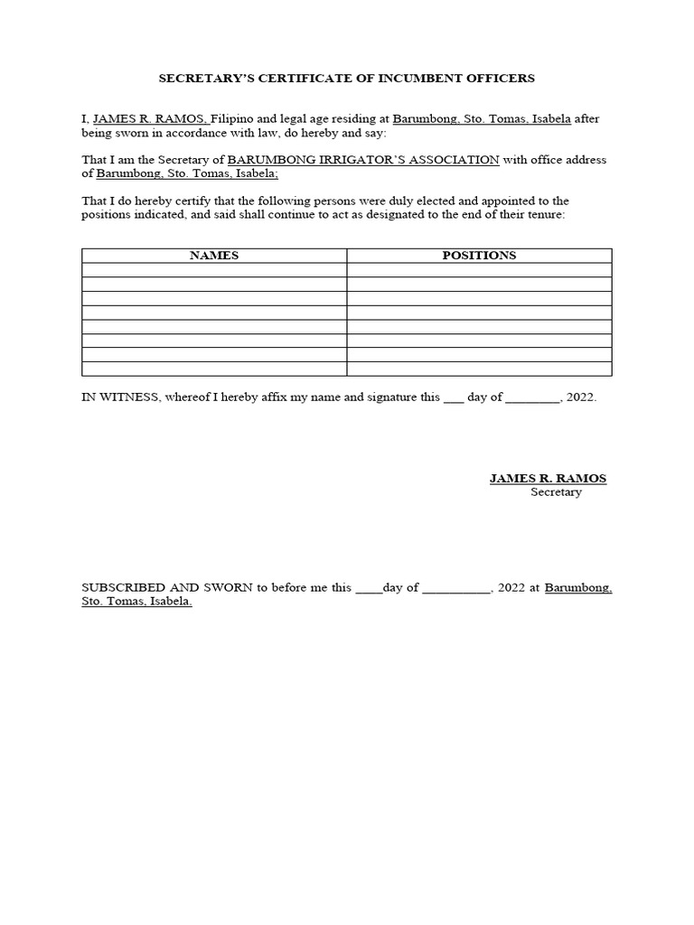 Secretary’s Certificate of Incumbent Officers | PDF Secretary’s Certificate of Incumbent Officers | PDF