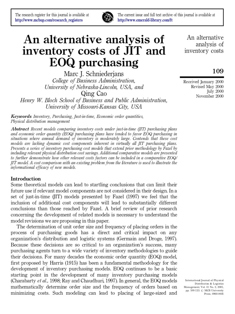 An Alternative Analysis of Inventory Costs of JIT and EOQ Purchasing ...