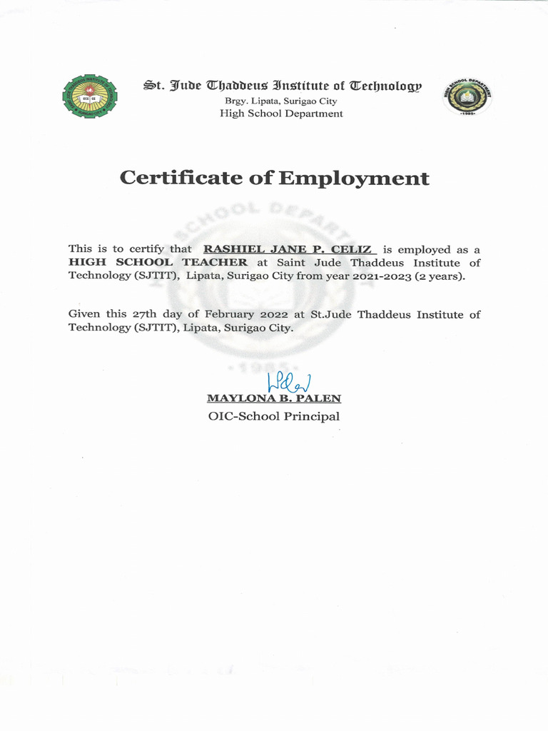 Sjit Cert of Employment | PDF