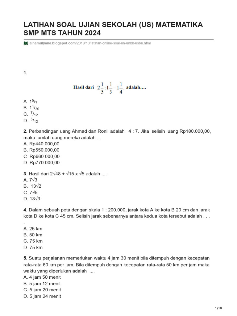 Latihan Soal Ujian Sekolah Us Matematika SMP MTS Tahun 2024 | PDF