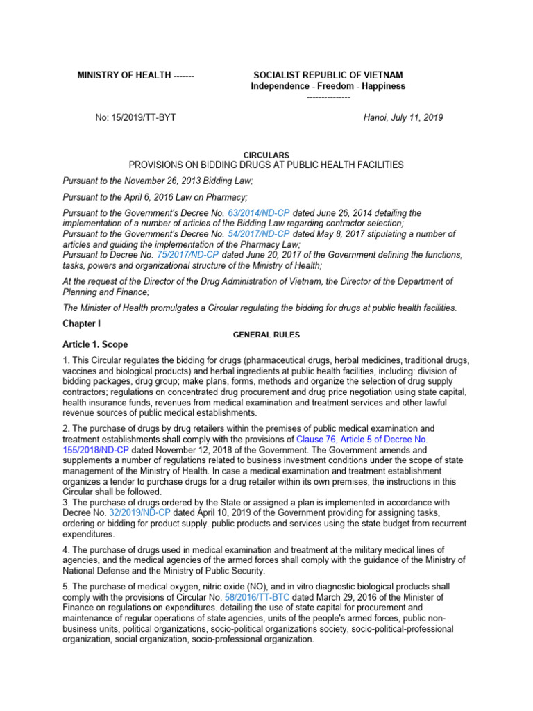 Circular 15.2019.TT-ByT Bidding Drugs in VN | PDF | Pharmaceutical Sciences | Medical Treatments