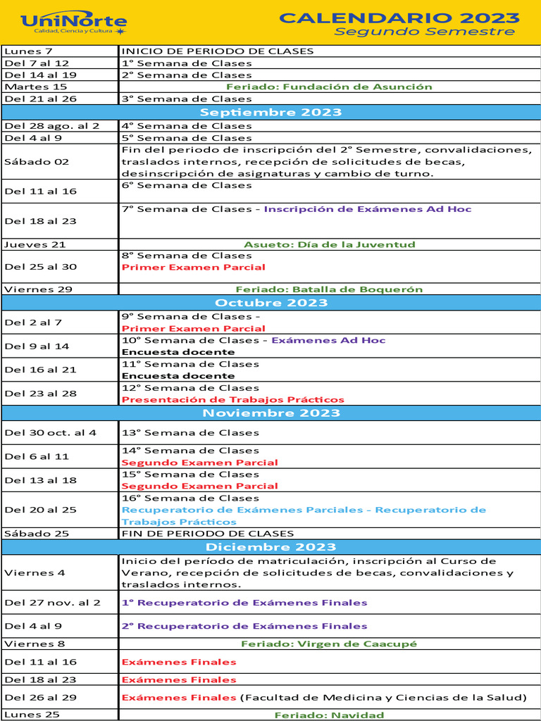 Calendario Académico 2023 Uninorte - Segundo Semestre | PDF