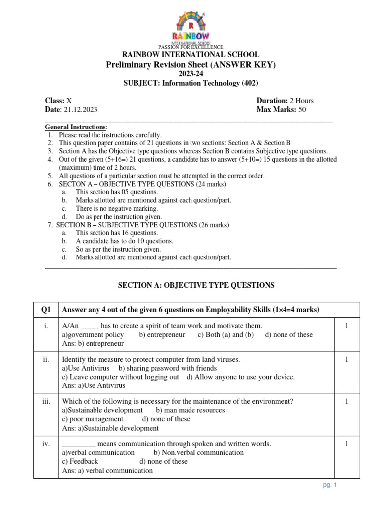 ANSWER KEY-Grade 10-IT - Prelims 1 (Revision Sheet) | PDF | Databases | Internet