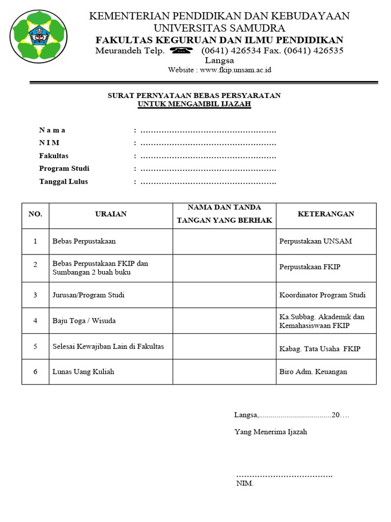 Surat Pernyataan Ijazah FKIP UNSAM | PDF