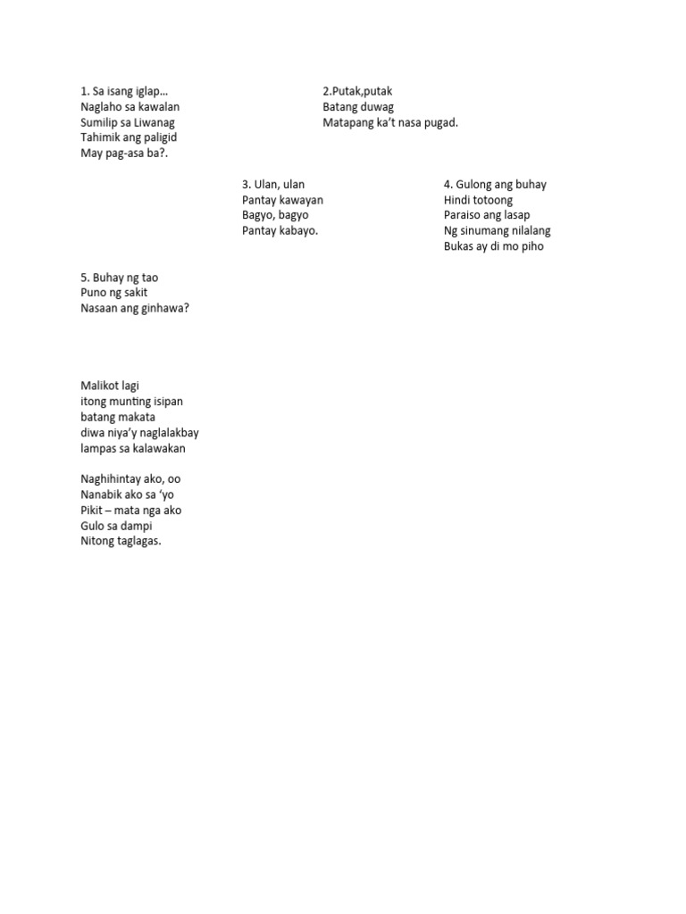 Tanka, Tanaga, Haiku (Halimbawa) | PDF