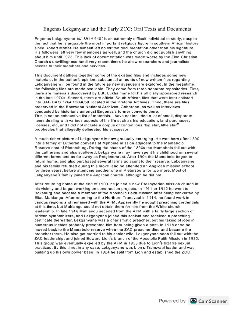 Engenas Lekganyane and The Early ZCC Ora | PDF