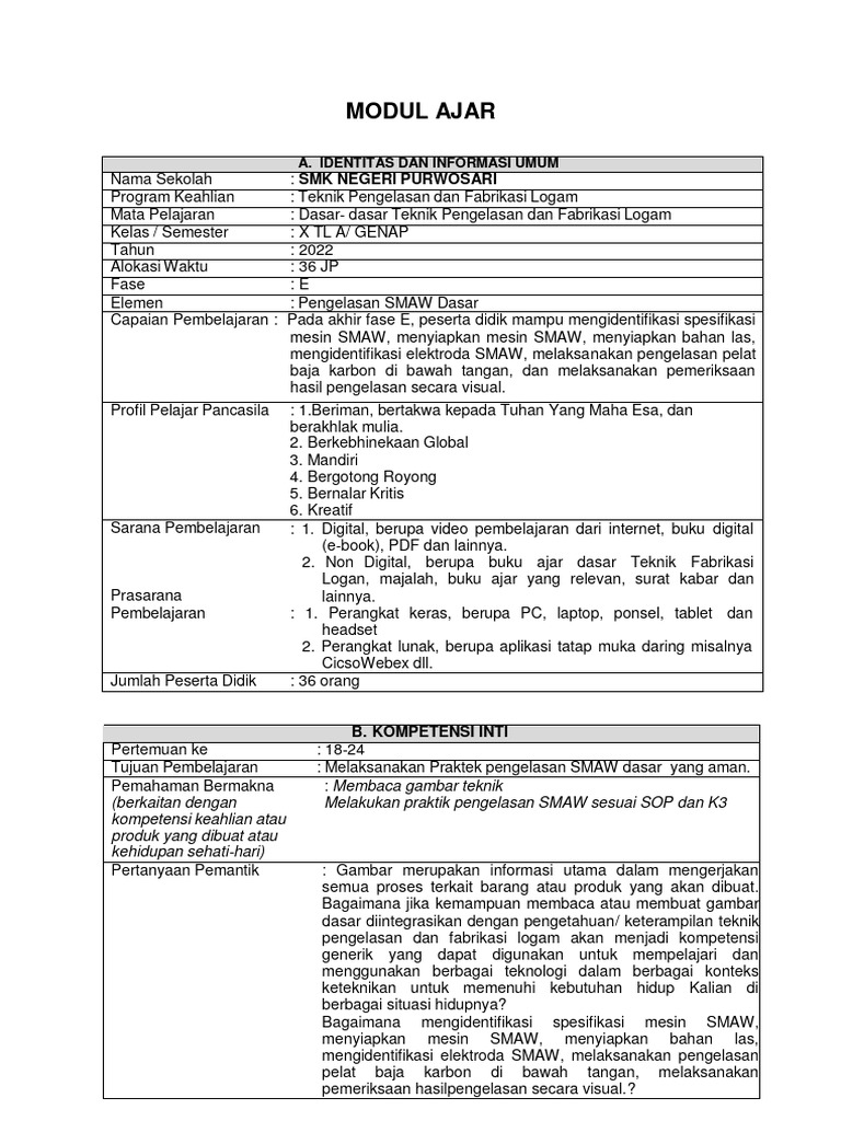 Modul Ajar SKP 2023 - 2 Pekerjaan Pengelasan SMAW | PDF