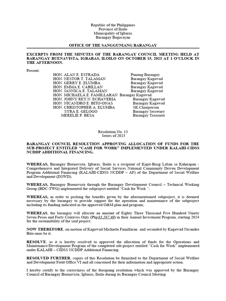 BC Resolution Approving Fund Allocation For OM Group | PDF | Social ...