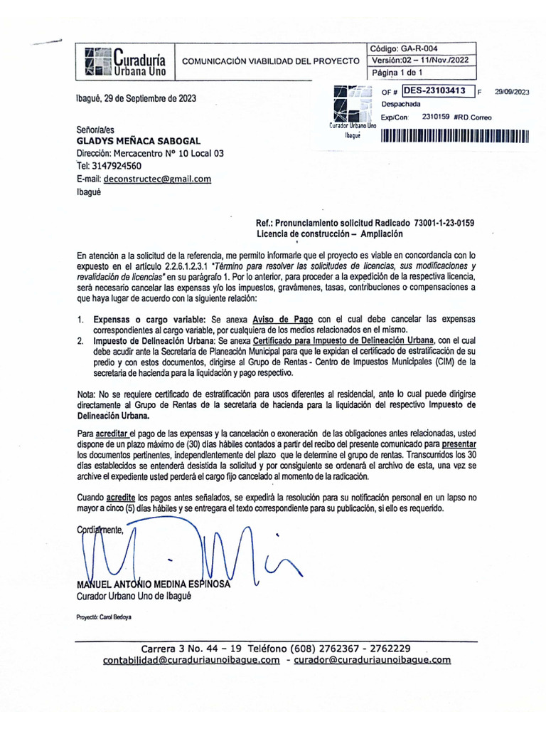 Certificado de Curaduria Gladys Meñaca | PDF
