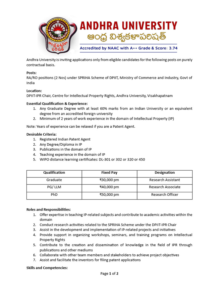 Recruitment For Research Officer at DPIIT-IPR Chair Andhra University Visakhapatnam | PDF ...