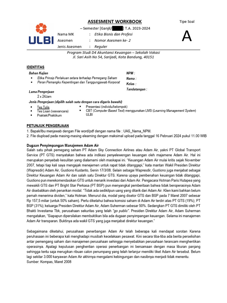 SOAL UAS - Etika Bisnis Dan Profesi RPL 2023-2024 | PDF