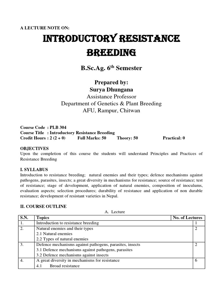 Resistance Breeding Notes | PDF | Biological Pest Control | Plant Pathology