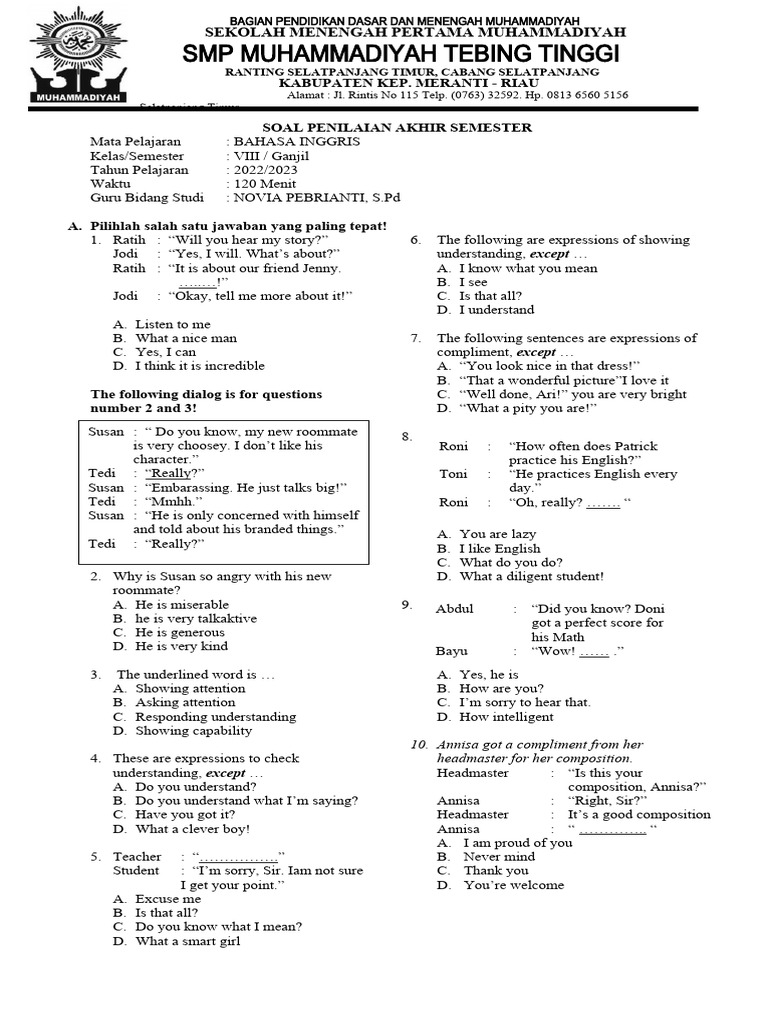Soal Pas Semester 1 B.ing Kelas 8 | PDF