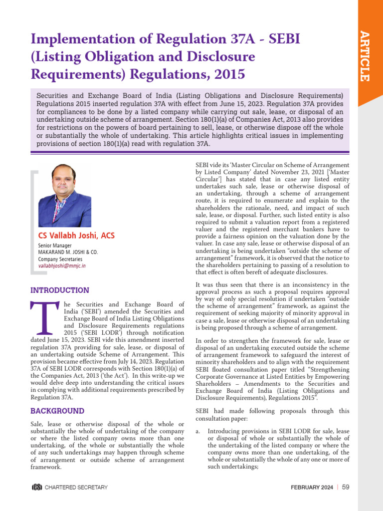 Reg 37A of Sebi Lodr Vs Section 180 (1) (A) of Companies Act | PDF ...