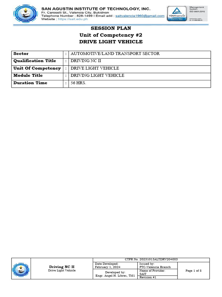 SESSION - PLAN - DRIVING NC II - Drive Light Vehicle | PDF ...
