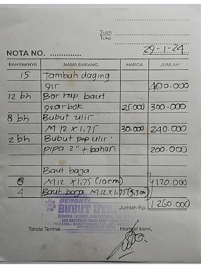 29-01-2024 - 3 Nota Bengkel Bubut Utama (Bubut Mesin Aliva Dan Lain2 ...
