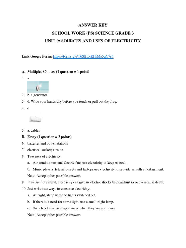 Answer Key School Work (PS) Science Unit 9 Sources and Uses of ...