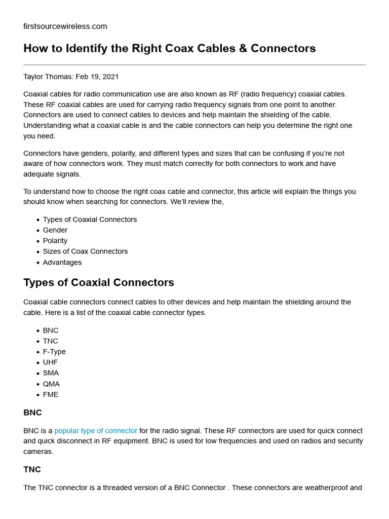 Coaxial Cables and Connectors | PDF | Coaxial Cable | Electrical Connector