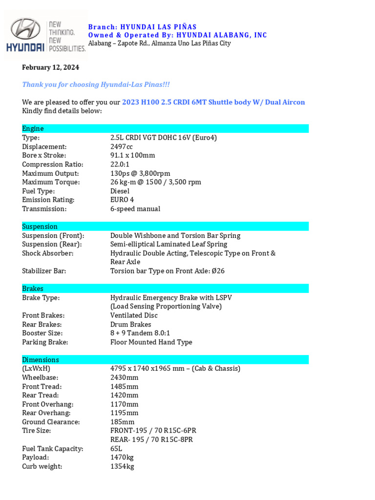 H100 2.5 CRDI Shuttle With Dual AC - Specs and Quote Lucy | PDF | Brake ...