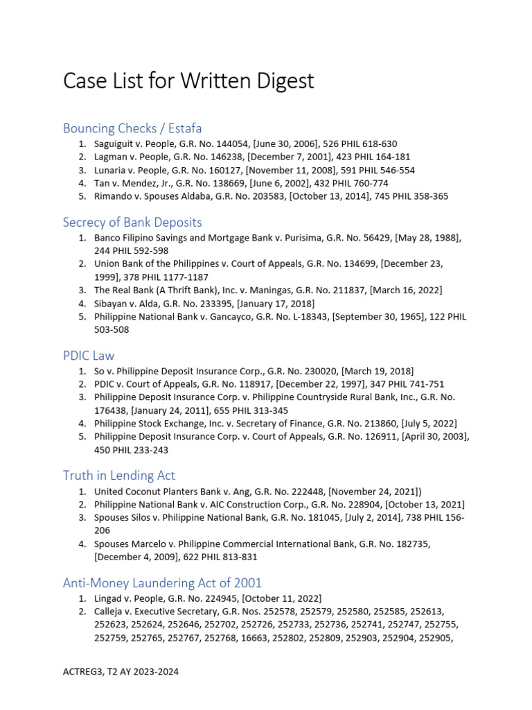 Case List Written Requirement | PDF | Banking | Philippines