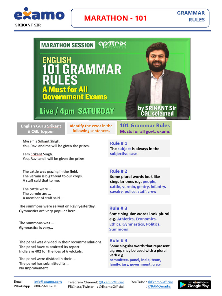 101 Grammar Rules by Srikant Sir Examo | PDF | I Phone | Media Sharing