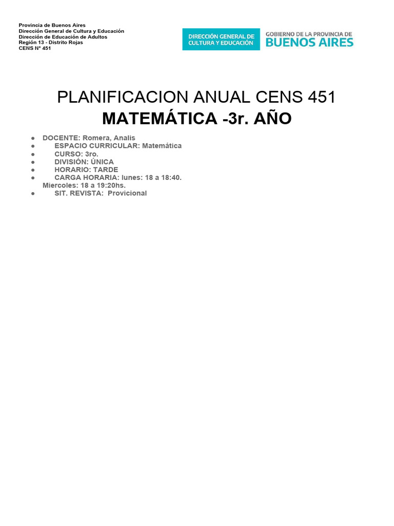 PLANIFICACION ANUAL CENS - Matemática 3ro. | PDF | Enseñando | Aprendizaje