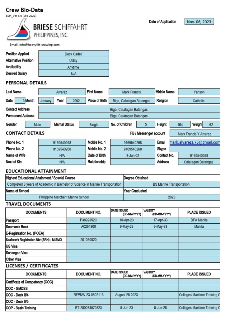 Deck Cadet Application - Mark Alvarez | PDF | Travel Visa