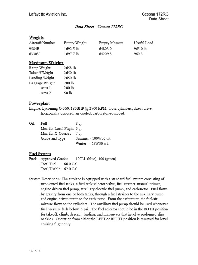 Cessna 172RG Aircraft Data Sheet | PDF | Landing Gear | Carburetor
