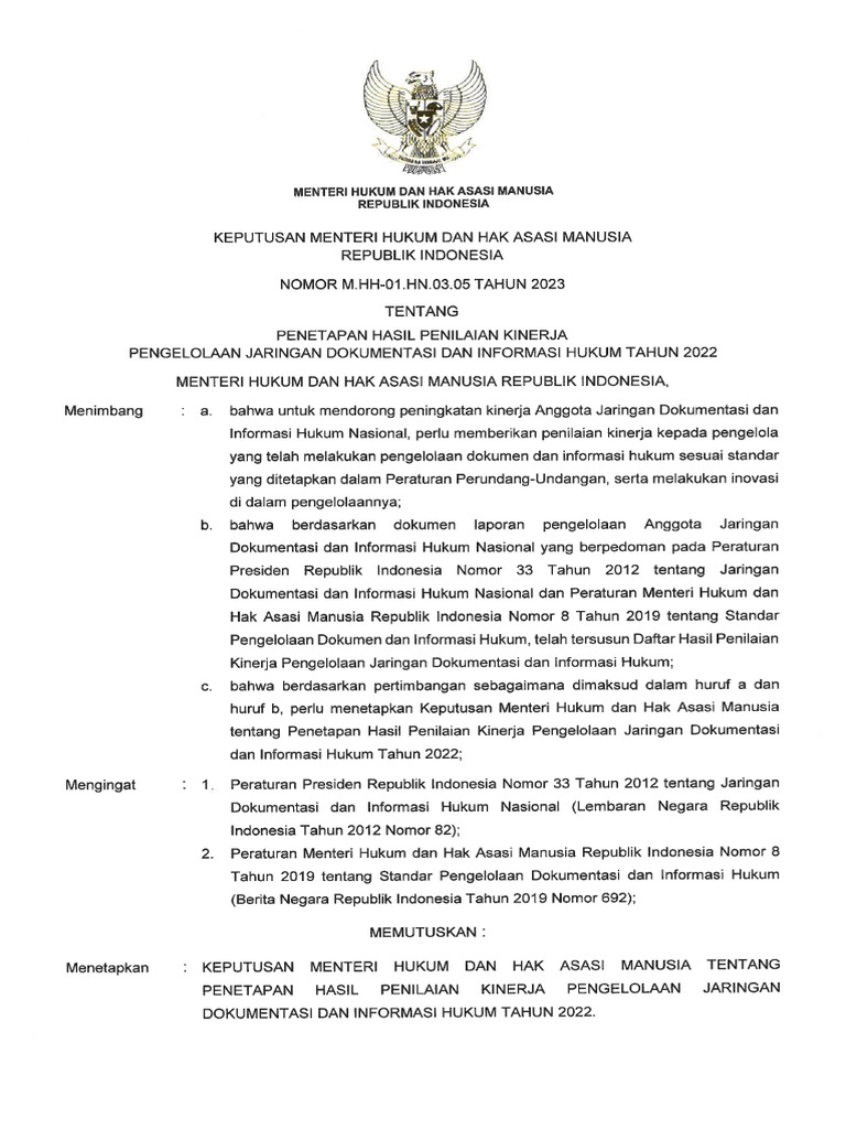 Kepmenkumham Tentang Penetapan Hasil Penilaian Kinerja Pengelolaan Jaringan Dokumentasi Dan ...