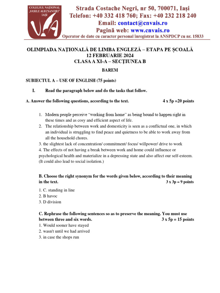 CLASA A XI-a SECȚIUNEA B - BAREM | PDF | Vocabulary | Cognition