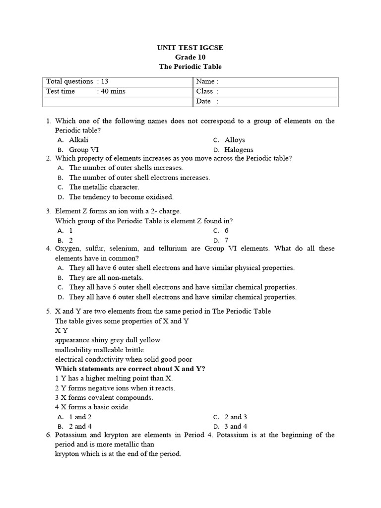 UNIT TEST The Periodic Table | PDF | Periodic Table | Chemical Elements