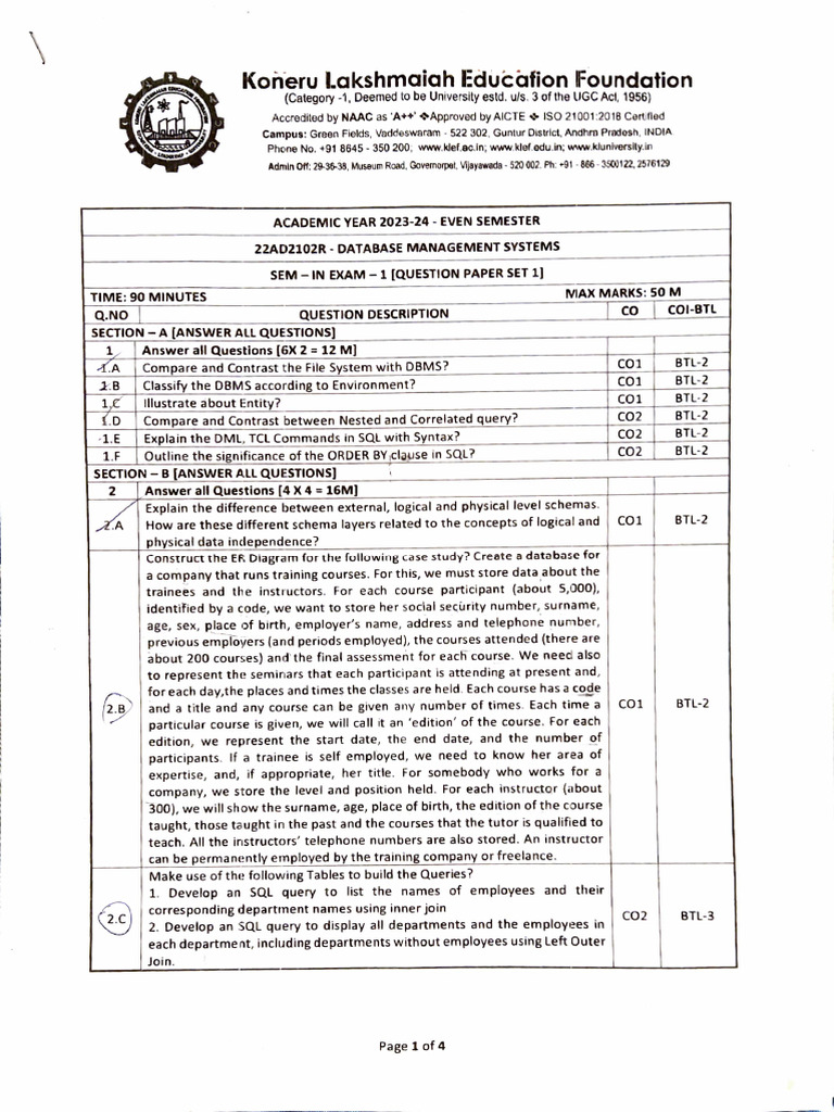 DBMS-Question Paper (Set-1) | PDF | Databases | Sql