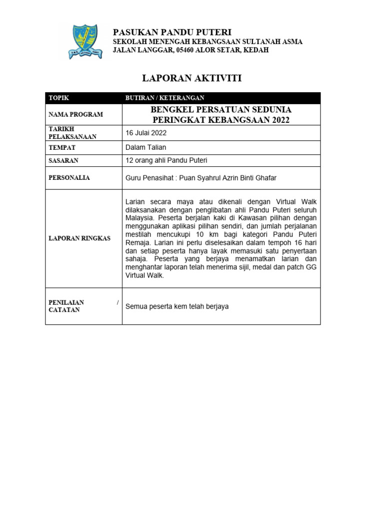 Laporan Aktiviti - Virtual Walk | PDF
